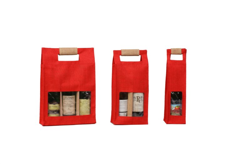 Red Burlap Wine Bottle Bag with Window - Everything Bags Inc.