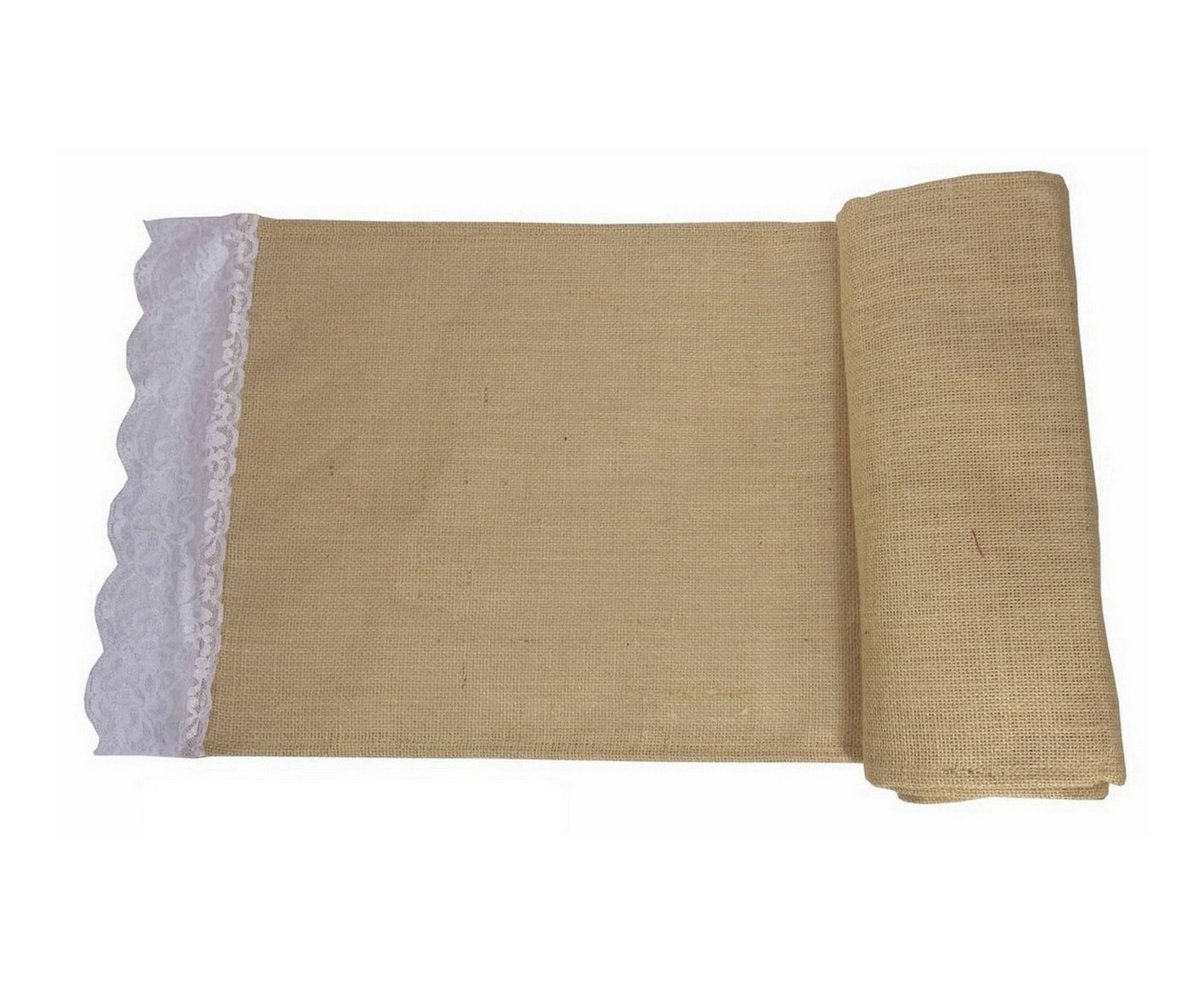 Burlap Table Runner with White Lace Trim - Everything Bags Inc.