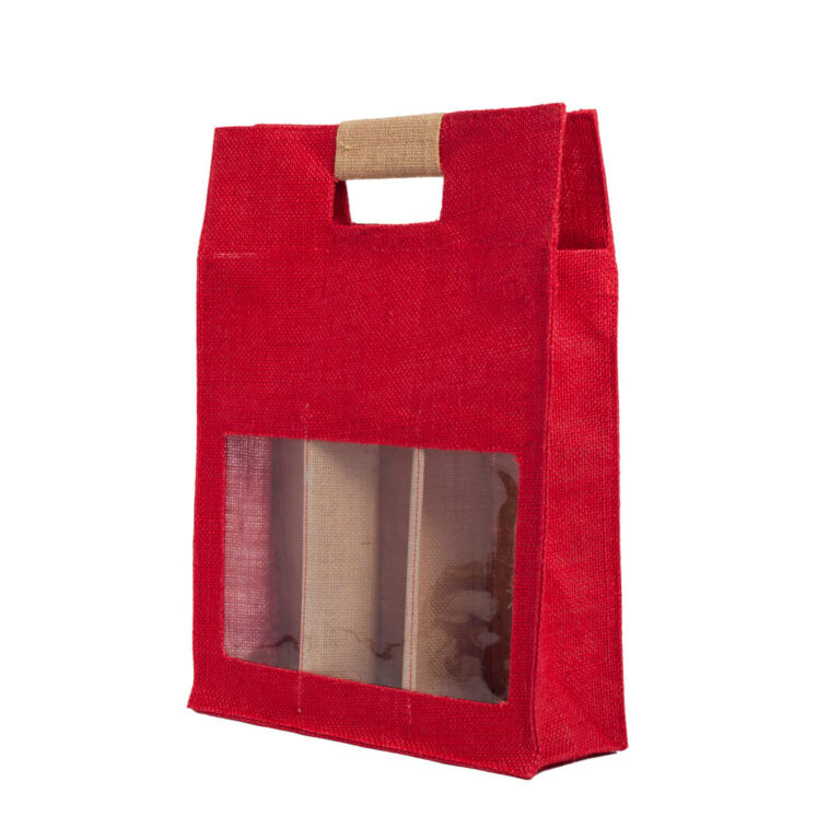 Red Burlap Wine Bag with Window - Everything Bags Inc.